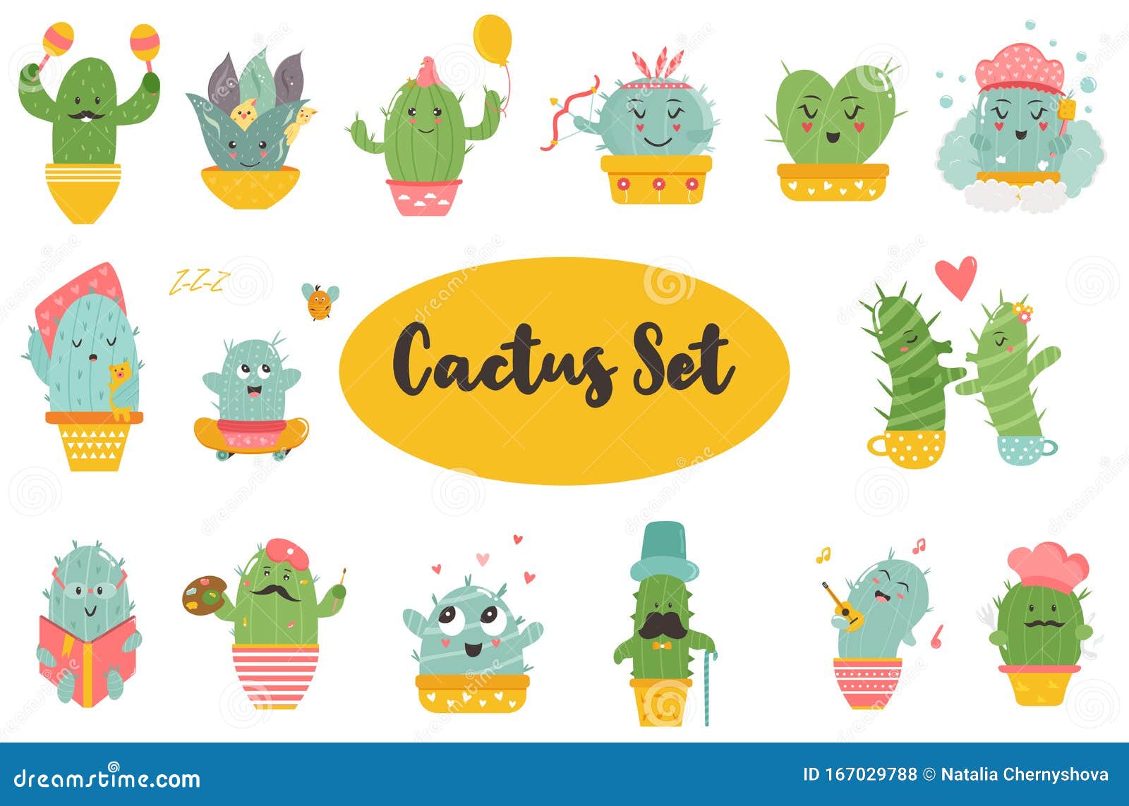 Big Set of Cacti Characters in Different Poses Stock Vector ...