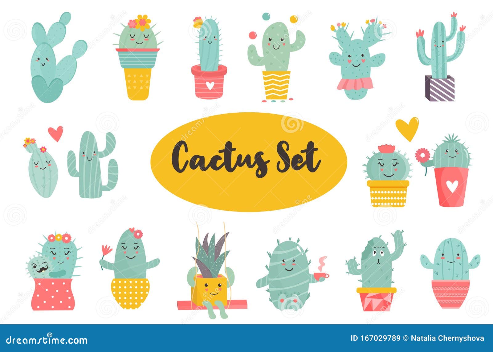 Big Set of Cacti Characters in Different Poses Stock Vector ...