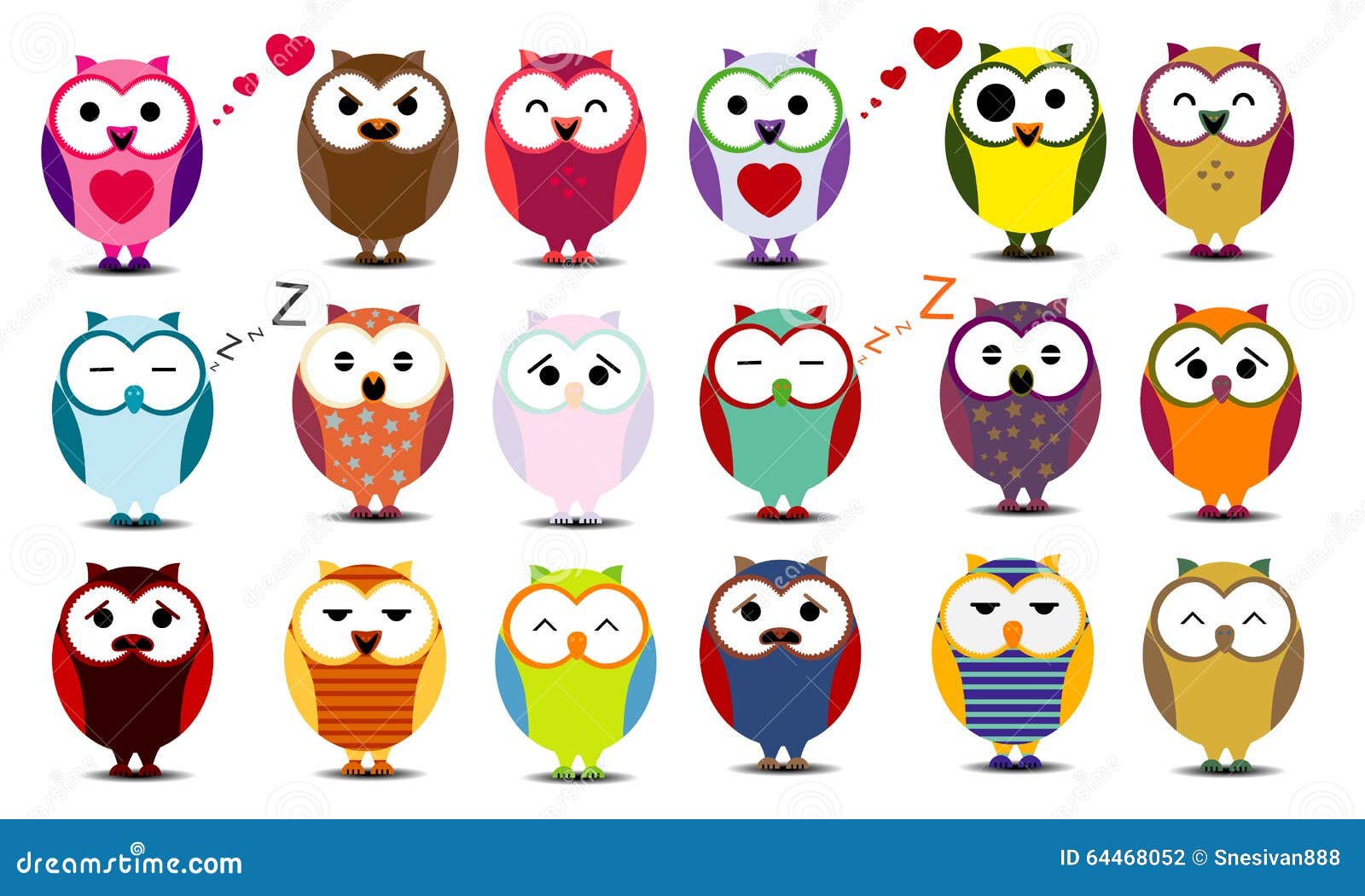 Big set of cartoon owls. stock vector. Illustration of comic - 64468052
