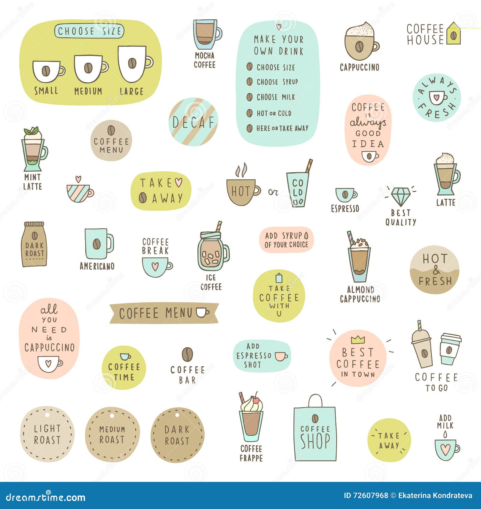 Big set of coffee items. stock vector. Illustration of emblem - 72607968