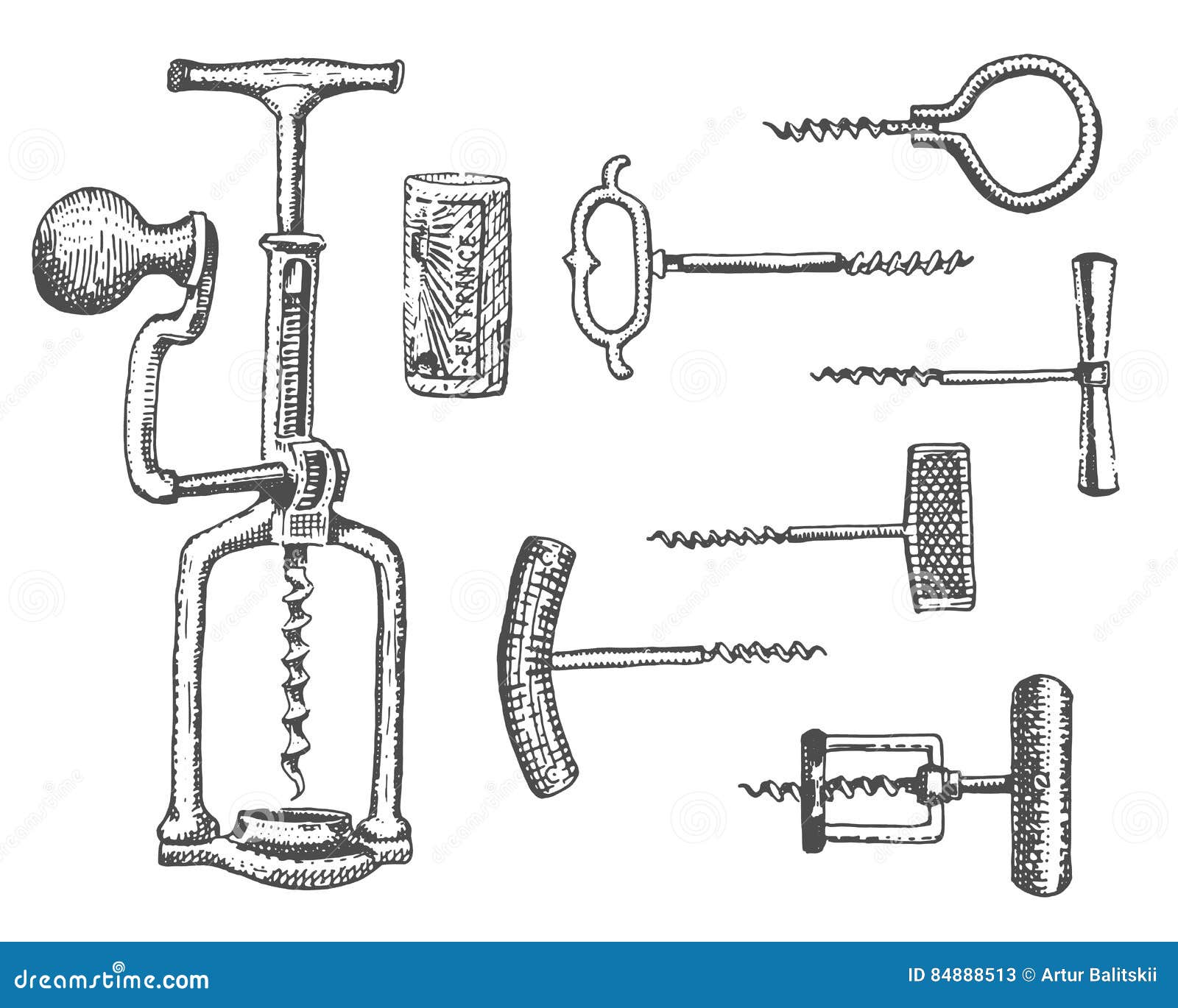 Big Set of Corkscrew in Vintage Old Engraving Style, Hand Drawn in ...