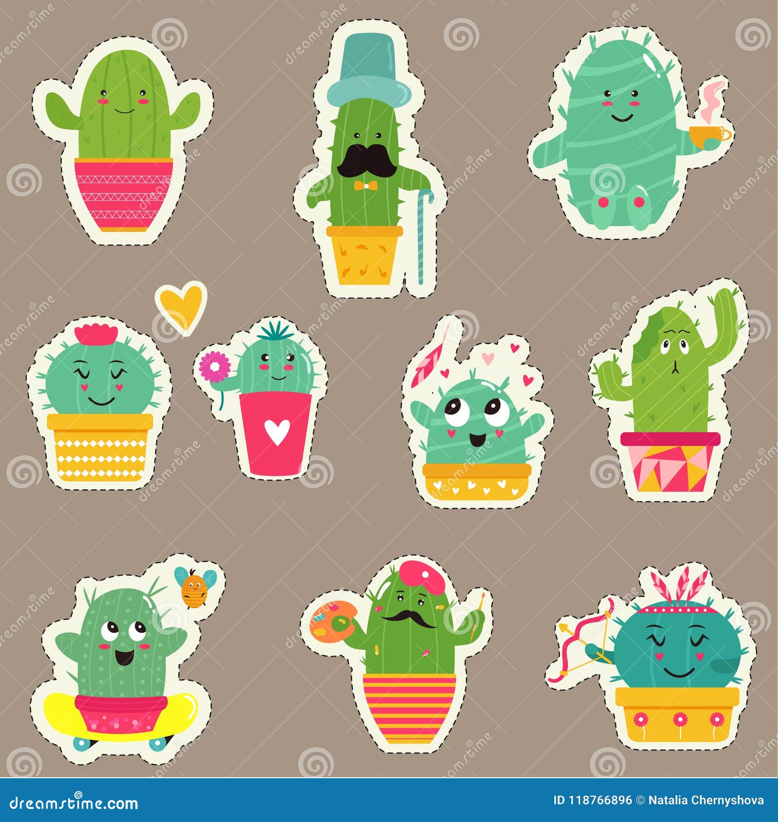 Big Set of Cute Cartoon Cacti Stock Vector - Illustration of funny ...