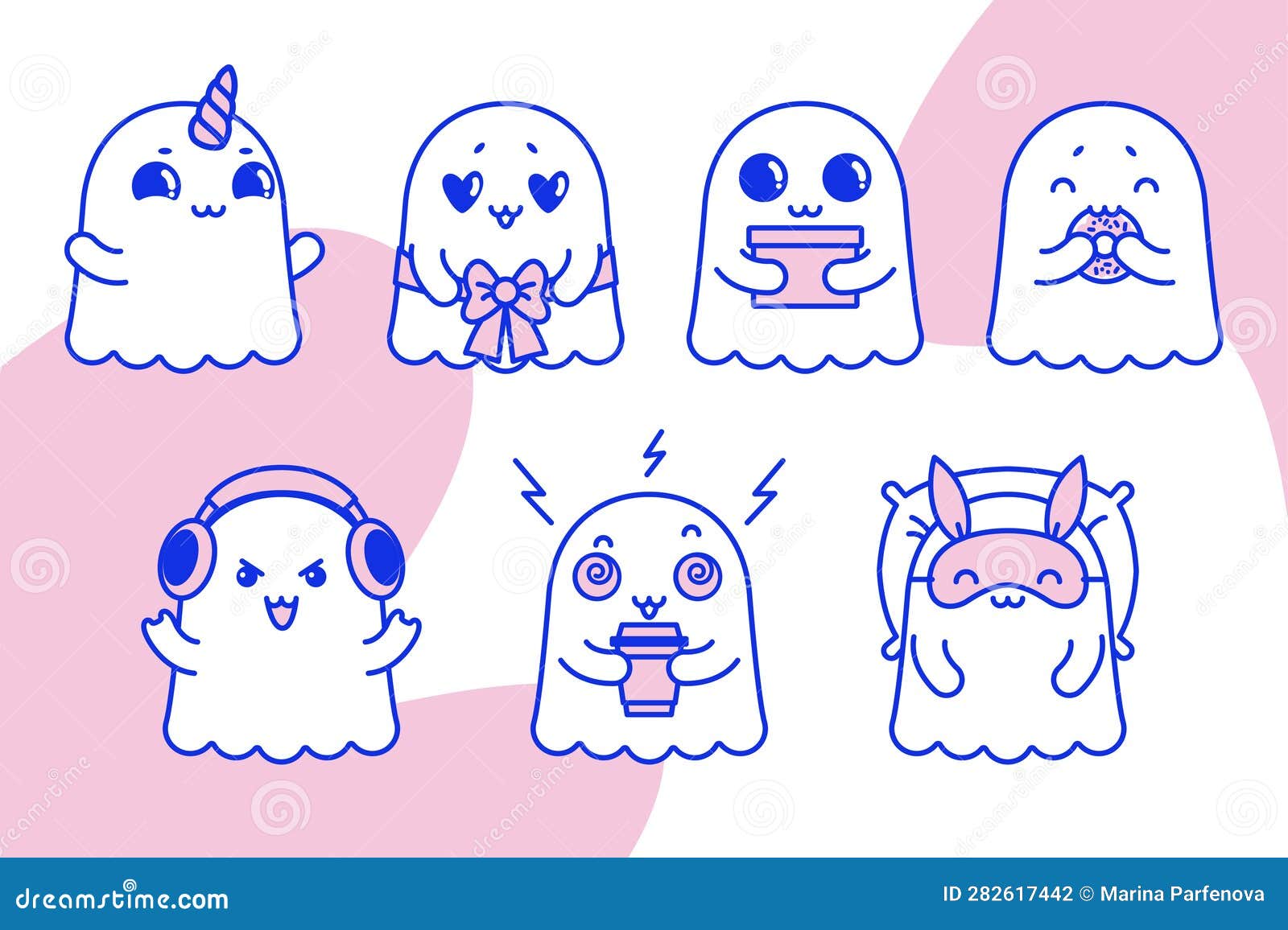 Big Set of Cute Friendly Ghosts in Trendy Colors, Isolated Vector ...