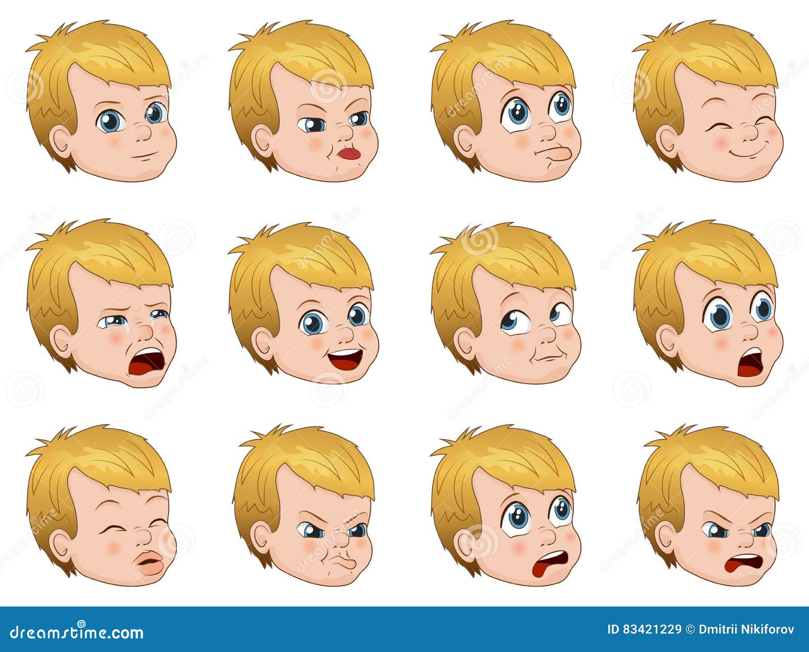 Big Set of Cute Little Boy Faces Showing Different Emotions Vector Illustration Stock Vector ...