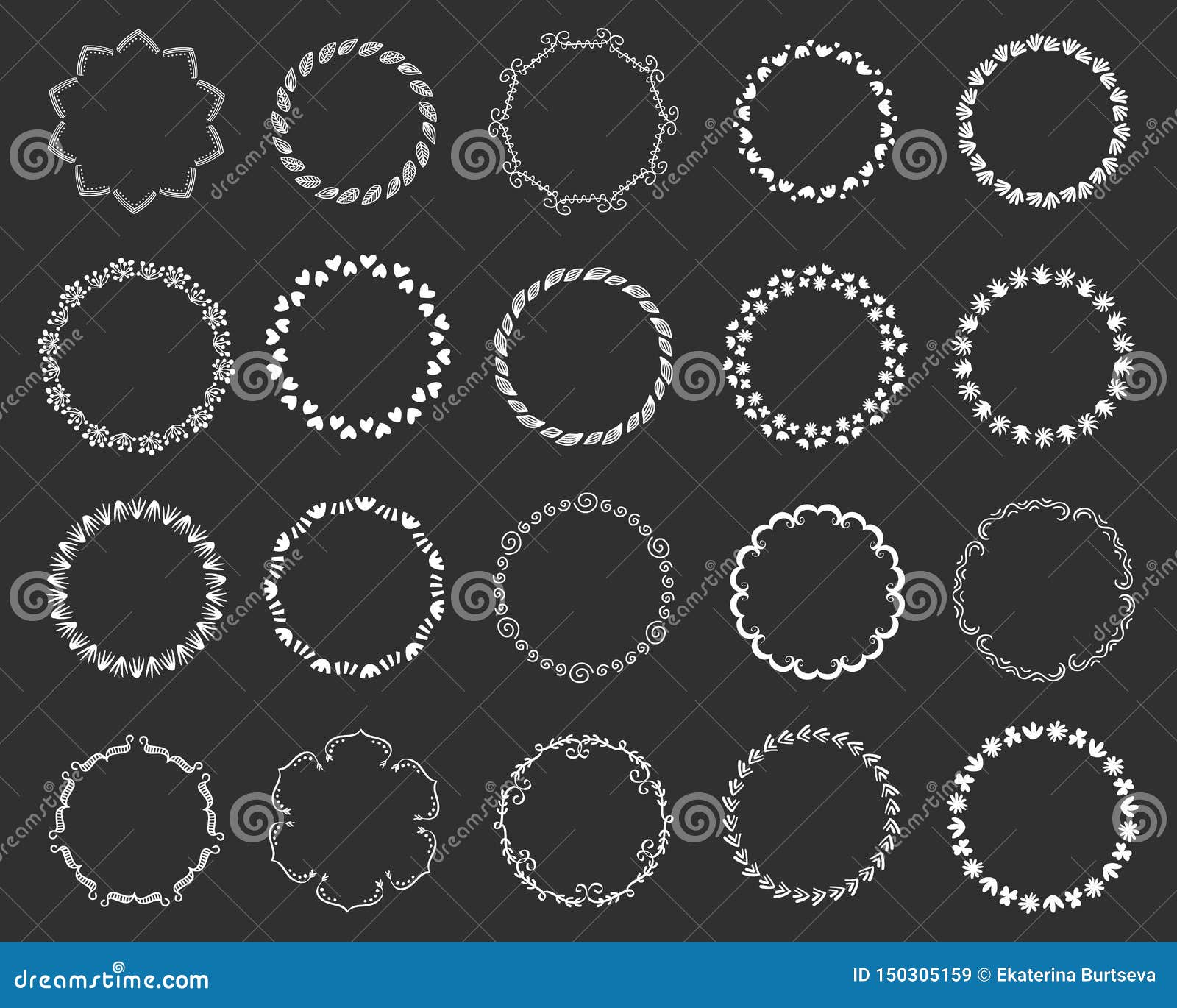 Big Set of Decorative Vintage Hand Drawn Round Frames on Black ...