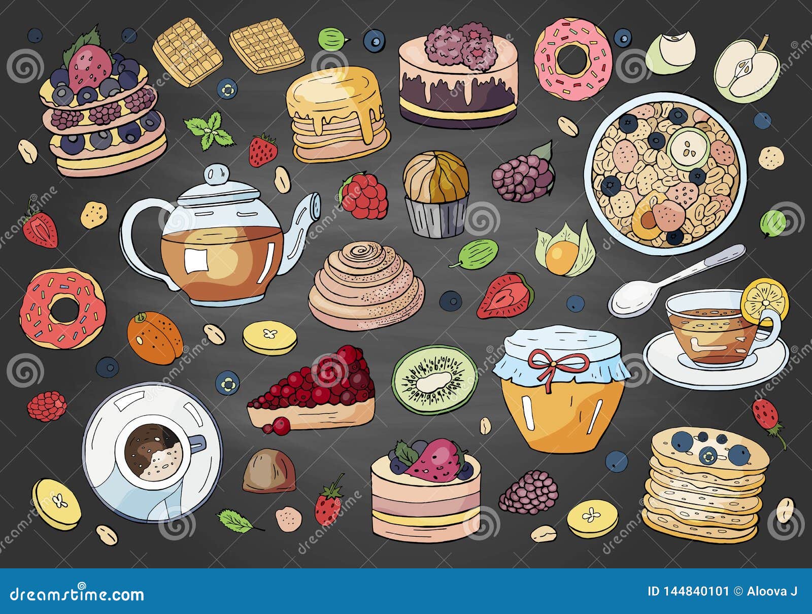 Big Set of Different Elements of Breakfast on Chalkboard Stock ...