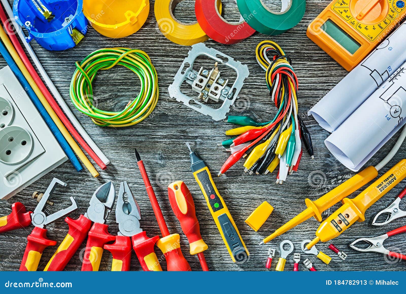 Big Set of Electric Tools on Vintage Wooden Background Stock Image ...