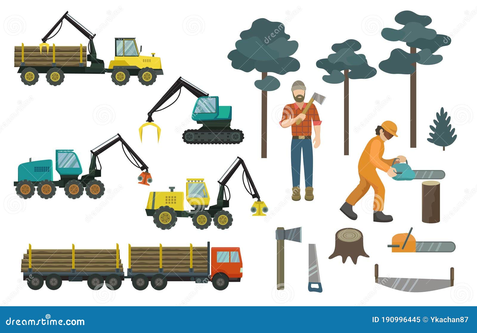 Big Set of Forestry Industry, Vehicles and Equipment. Vector ...