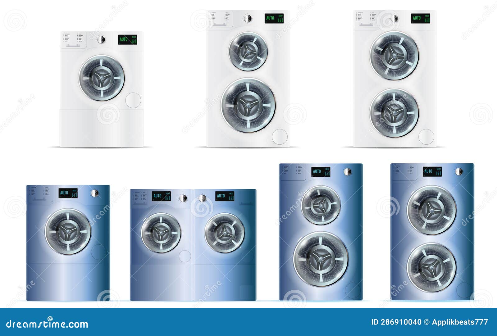 Big Set of Front Load Double White and Blue Steel Washing Machines with ...