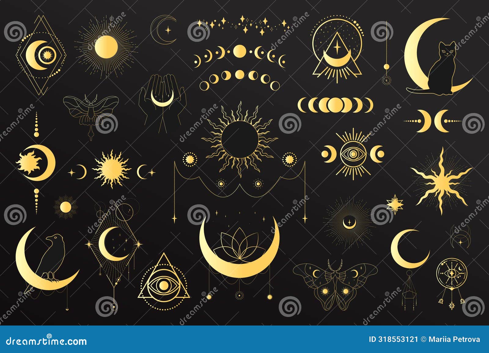 Big Set of Golden Celestial Magical and Astrological Symbols. Celestial ...