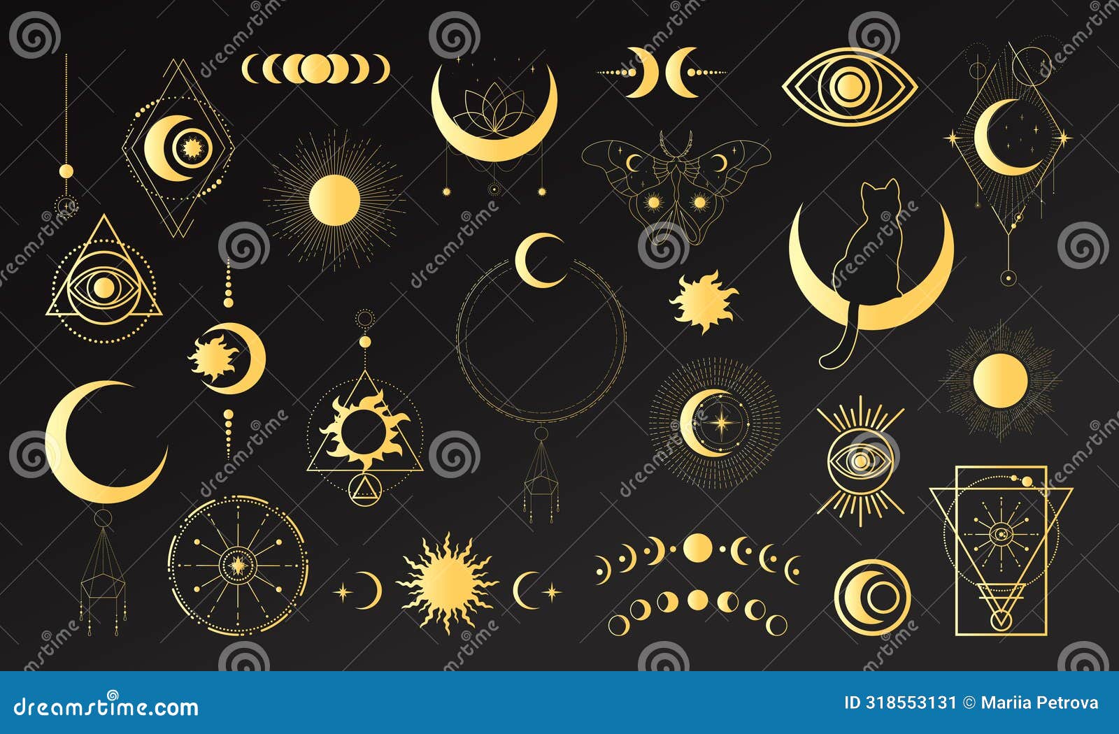 Big Set Of Golden Celestial Magical And Astrological Symbols. Celestial ...