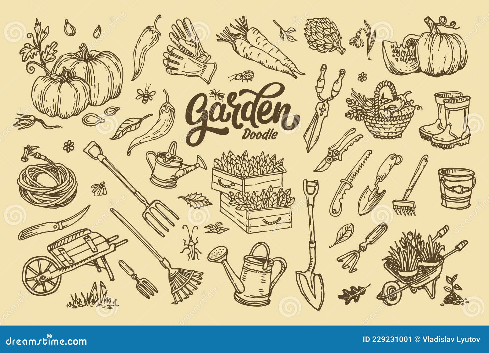 Big Set of Hand-drawn Garden Elements Gardening Tools. Stock Vector ...