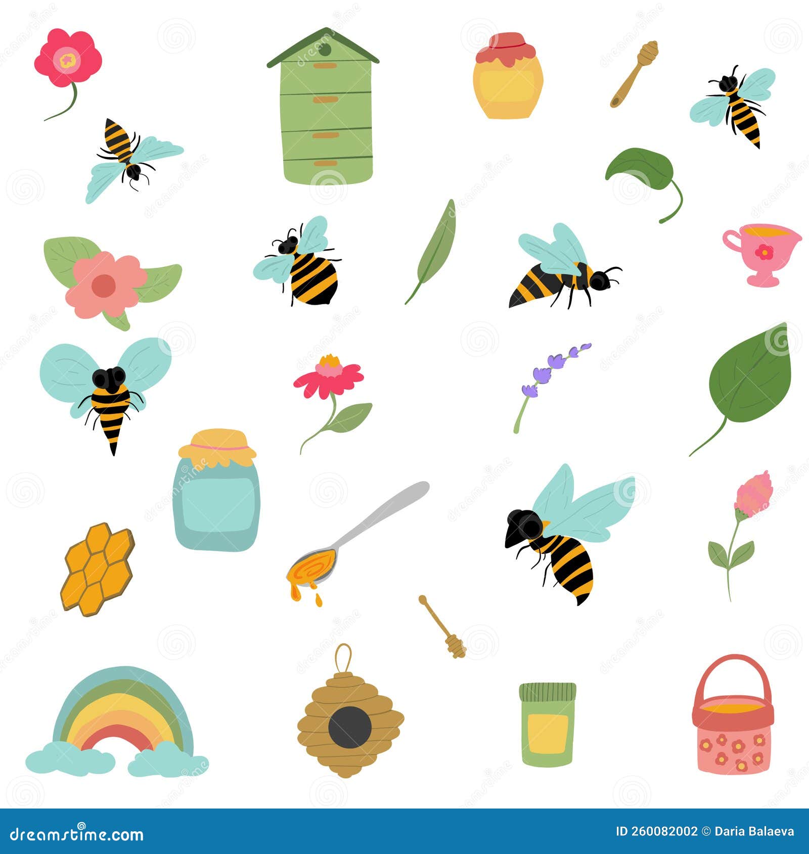Big Set of Honey and Bee Objects Stock Vector - Illustration of beehive ...