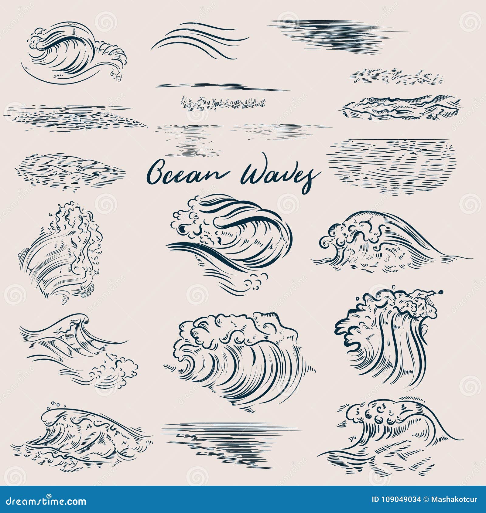 Big Set of Ocean Drawn Waves Stock Vector - Illustration of drawn, wave ...