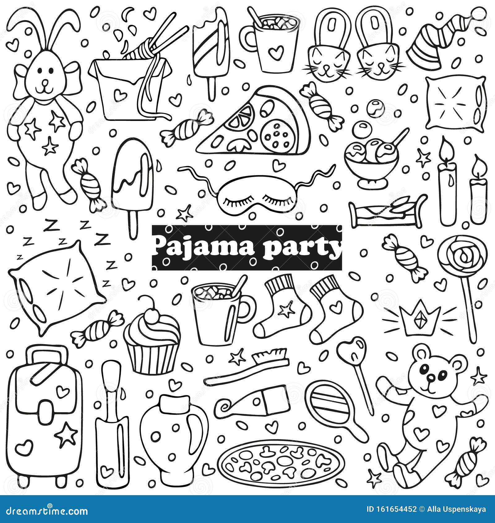 Big Set Of Pajama Party Icons Sleepover Or Slumber Party Objects In