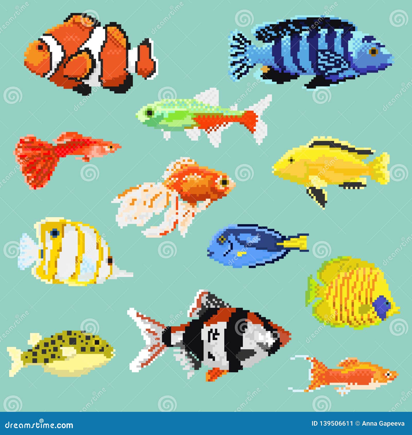 Big Set of Pixel Exotic Fish Isolated on a Blue Background. Stock ...