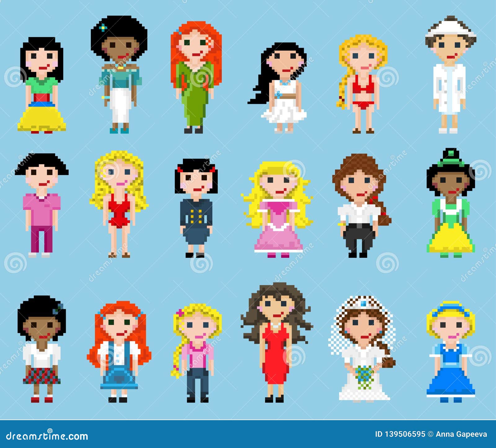 Pixel Female Characters For Pixel-game Stand Against Background Of ...
