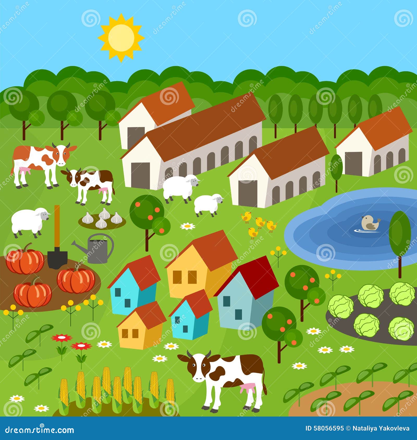 Big Set of Rural Farmer Elements. Fields, Animals, Plants Stock Vector ...
