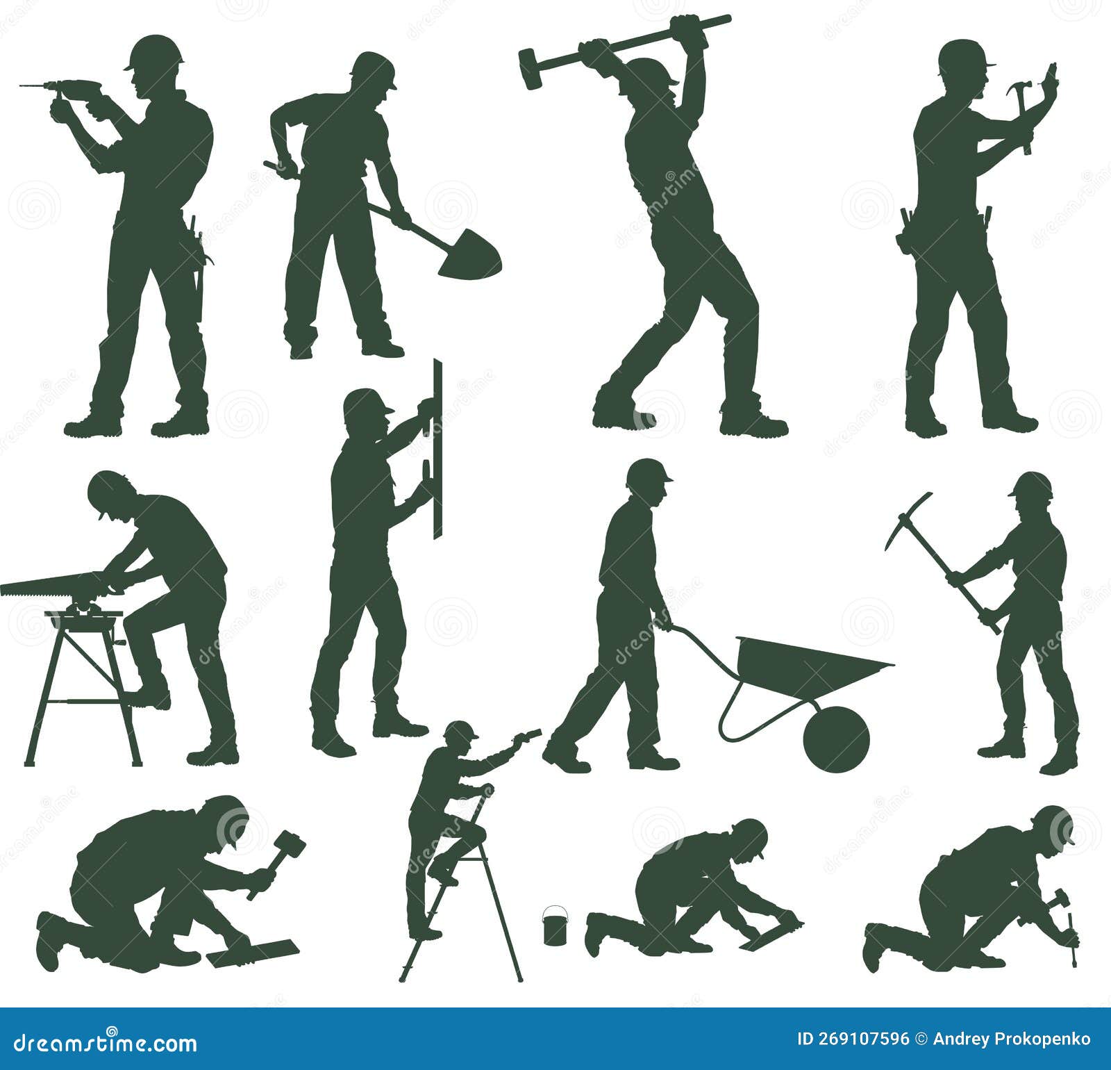 Big Set of Silhouettes of Working Builders Stock Vector - Illustration ...
