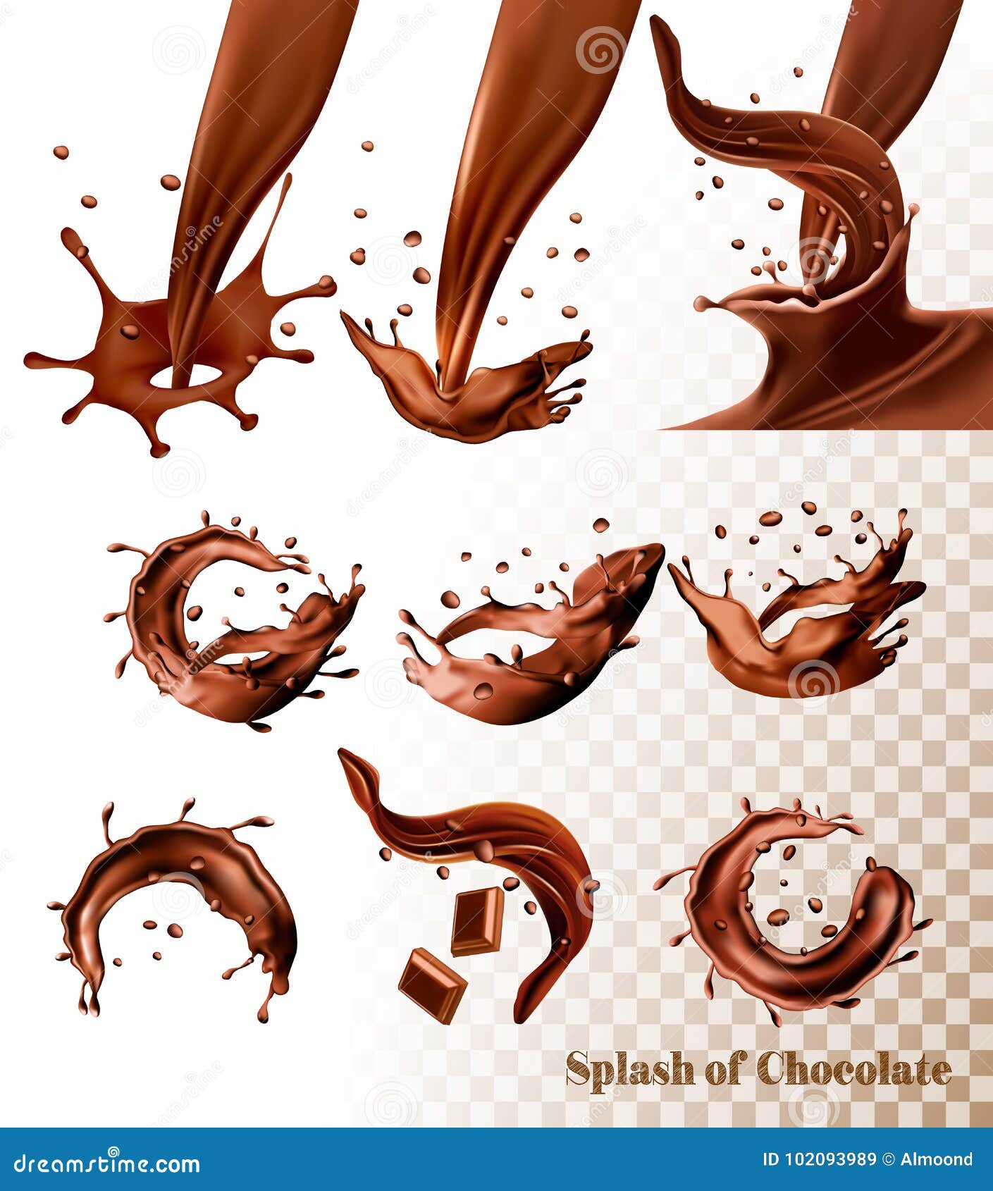 Big Set of Splash of Chocolate on Transparent Background. Stock Vector ...