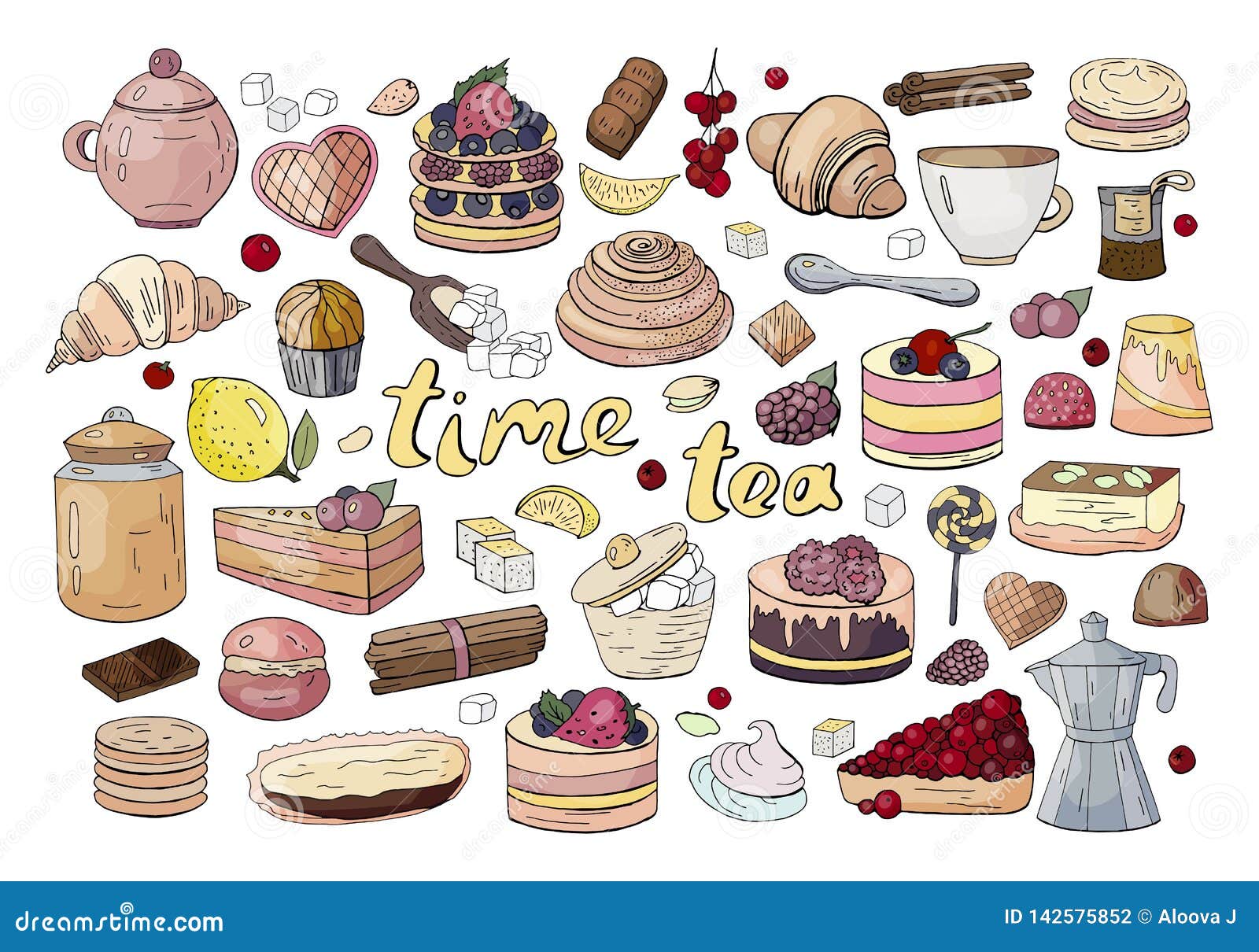 Big Set of Tea, Pastry and Sweets Isolated on White Background. Hand ...