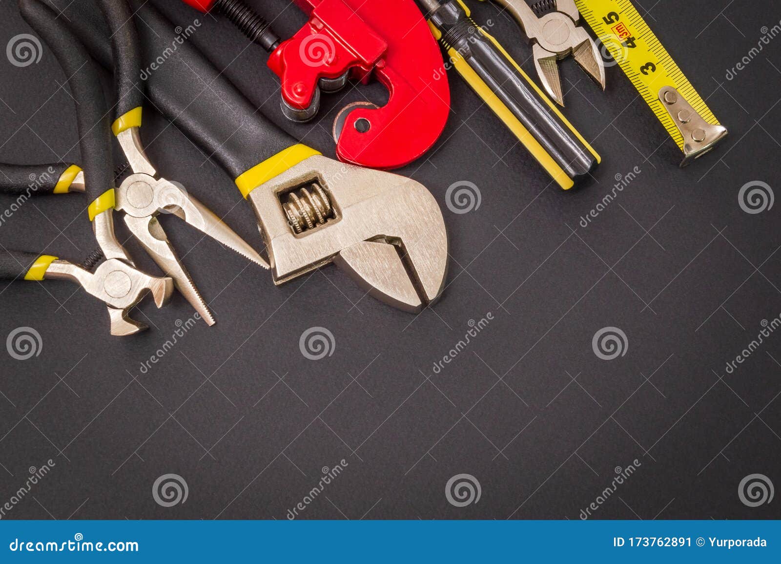 Big Set of Tools on Black Background Prepared by the Master before ...