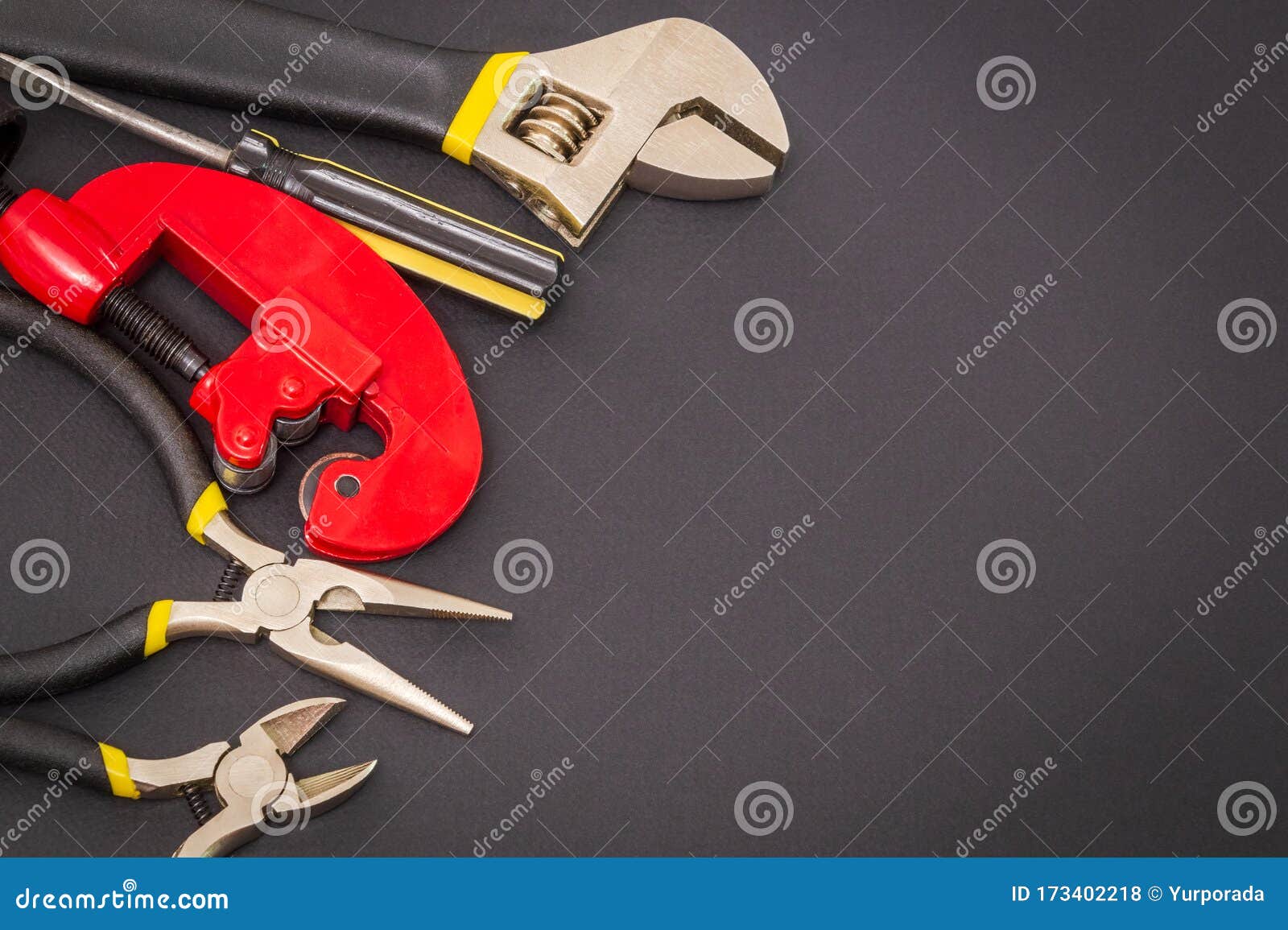 Big Set of Tools on Black Background Prepared by the Master before ...