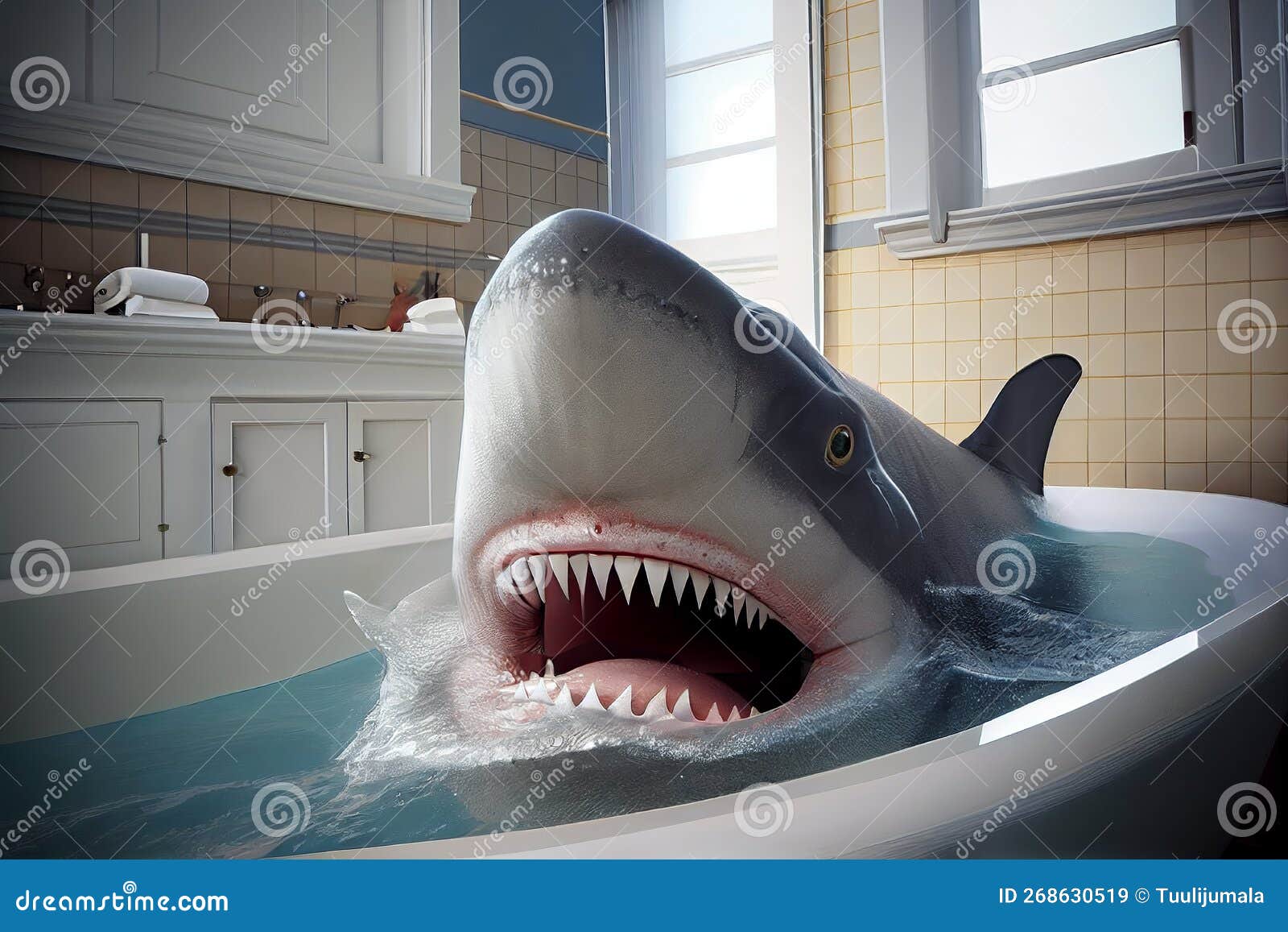 A Big Shark with Wide Opened Jaws Bathing in Bathtab in the Small ...