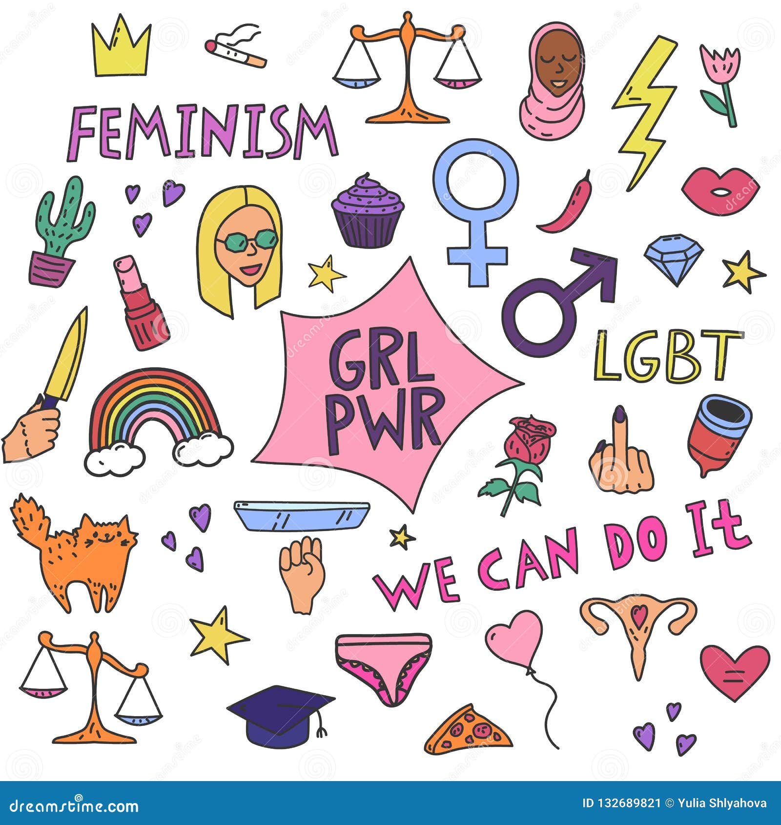 Big Simple Feminism Set with Protest Symbols and Text. Stock Vector ...