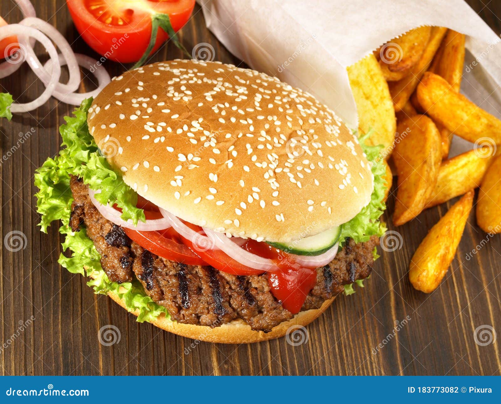 Big Size Hamburger with Potato Wedges - Fast Food Stock Photo - Image ...