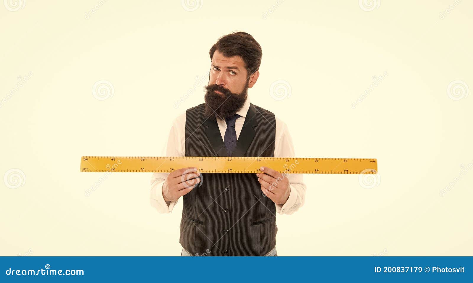 Big Size. Measure and Control. Bearded Man with Ruler Isolated on White ...