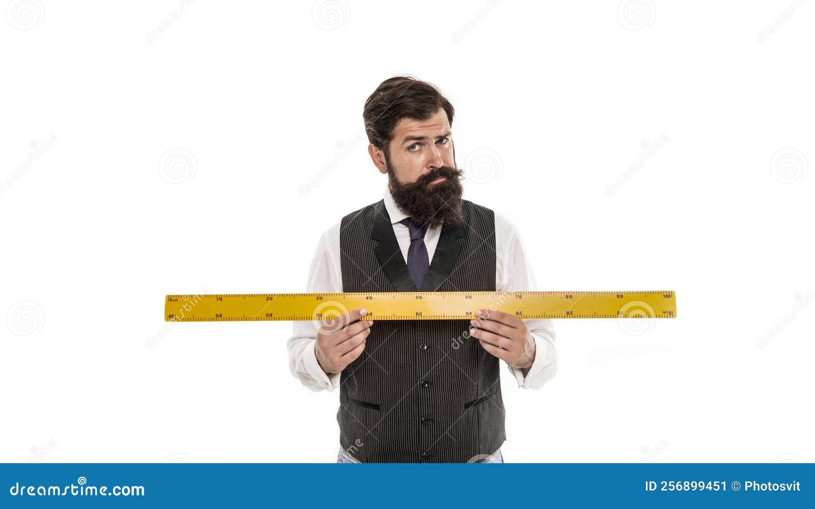 Big Size. Measure and Control. Bearded Man with Ruler Isolated on White ...