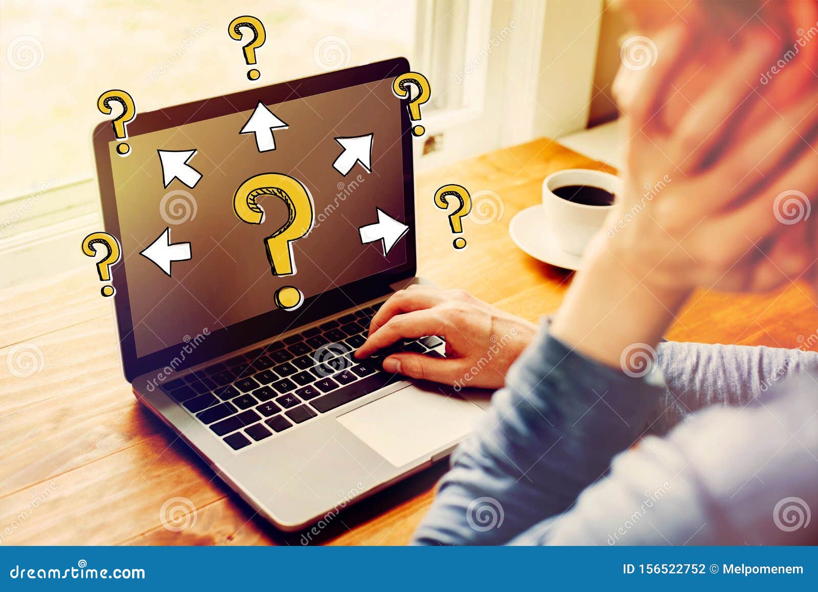 Big and Small Question Marks with Arrows with Man Using a Laptop Stock ...