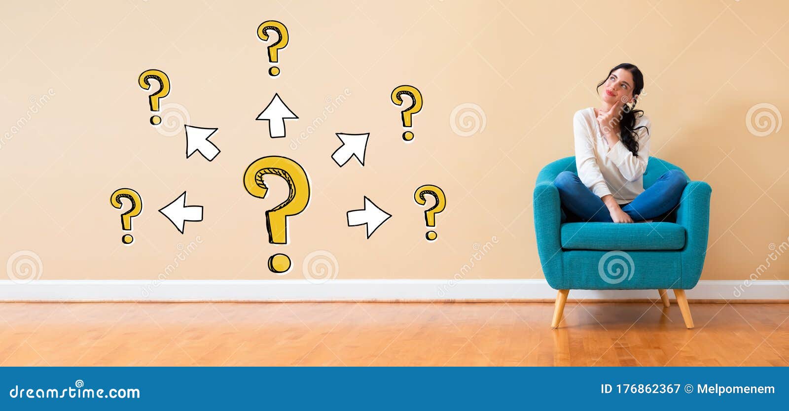 Big and Small Question Marks with Arrows with Woman in a Thoughtful ...