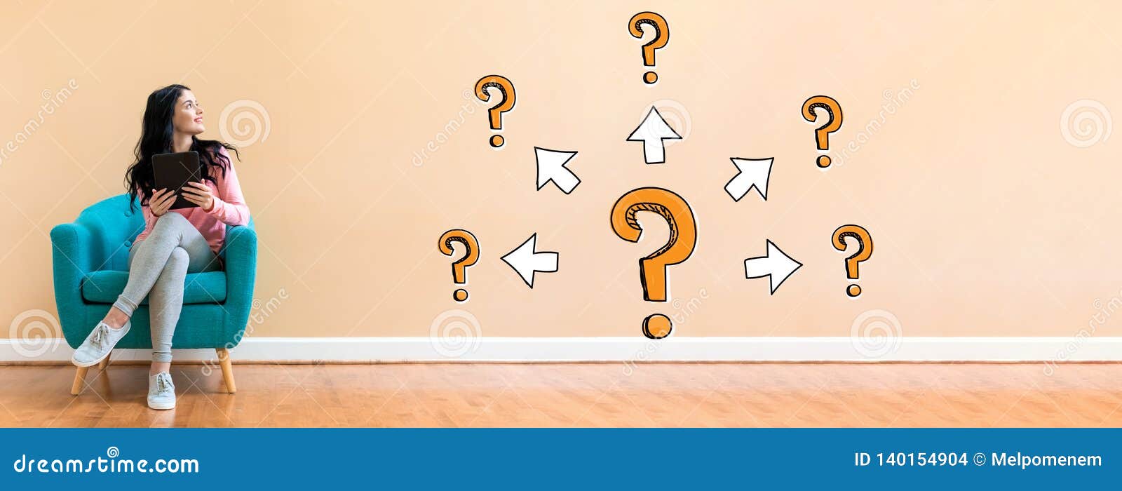 Big and Small Question Marks with Arrows with Woman Using a Tabl Stock ...