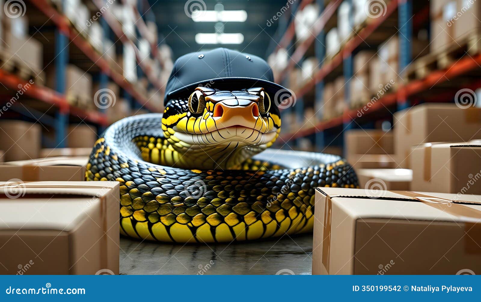 Big Snake in a Cap in a Warehouse with Boxes Stock Illustration ...