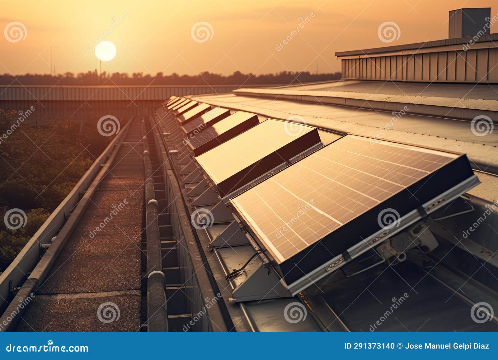 Big Solar Panels on Top of a Building in Sunset. Generative AI Stock ...