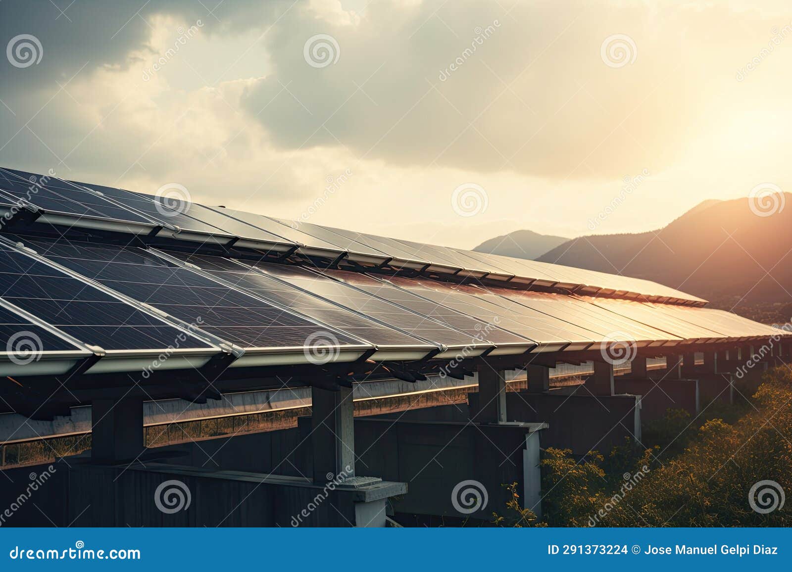 Big Solar Panels on Top of a Building in Sunset. Generative AI Stock ...
