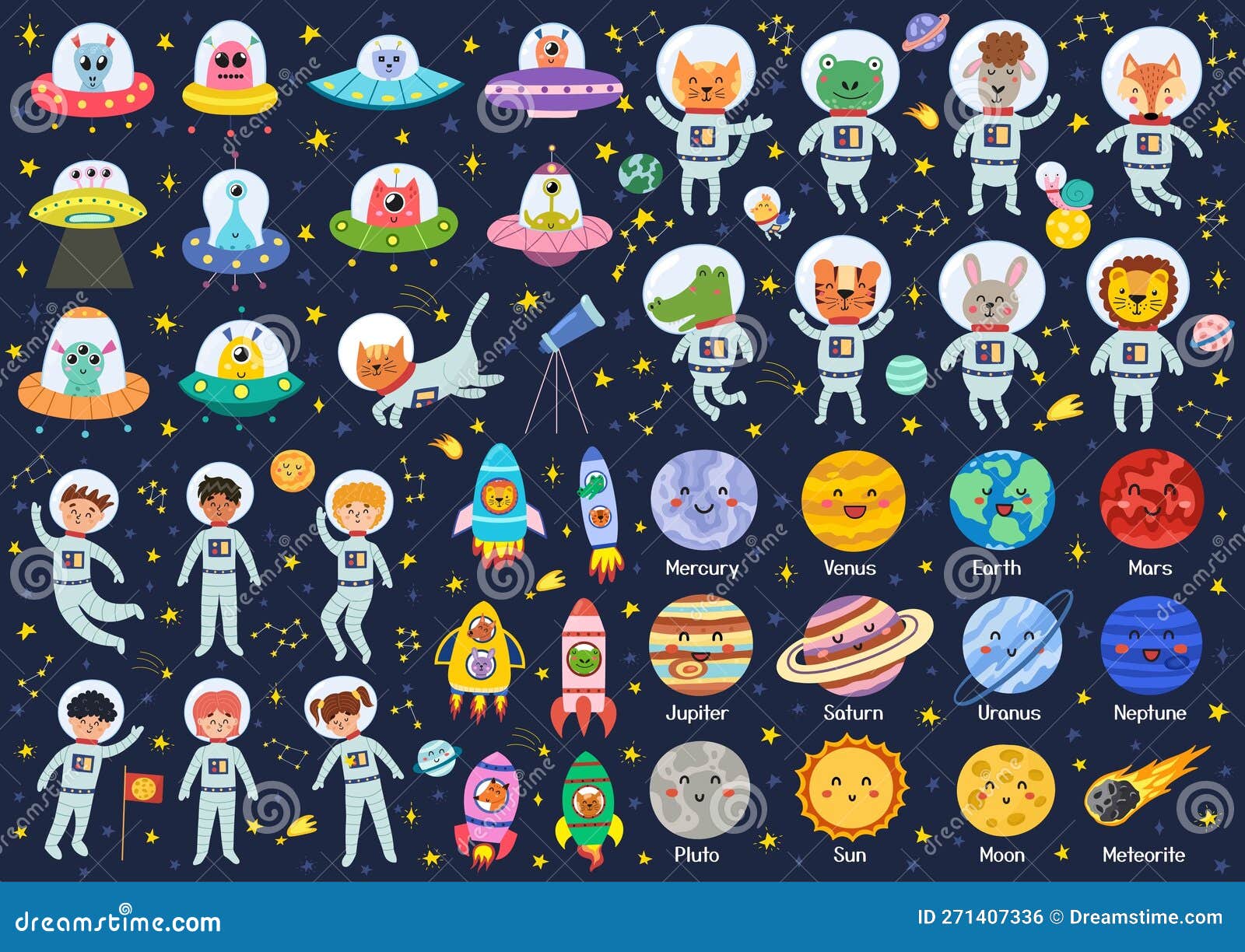 Big Space Collection with Cute Characters. Space Bundle in Cartoon ...