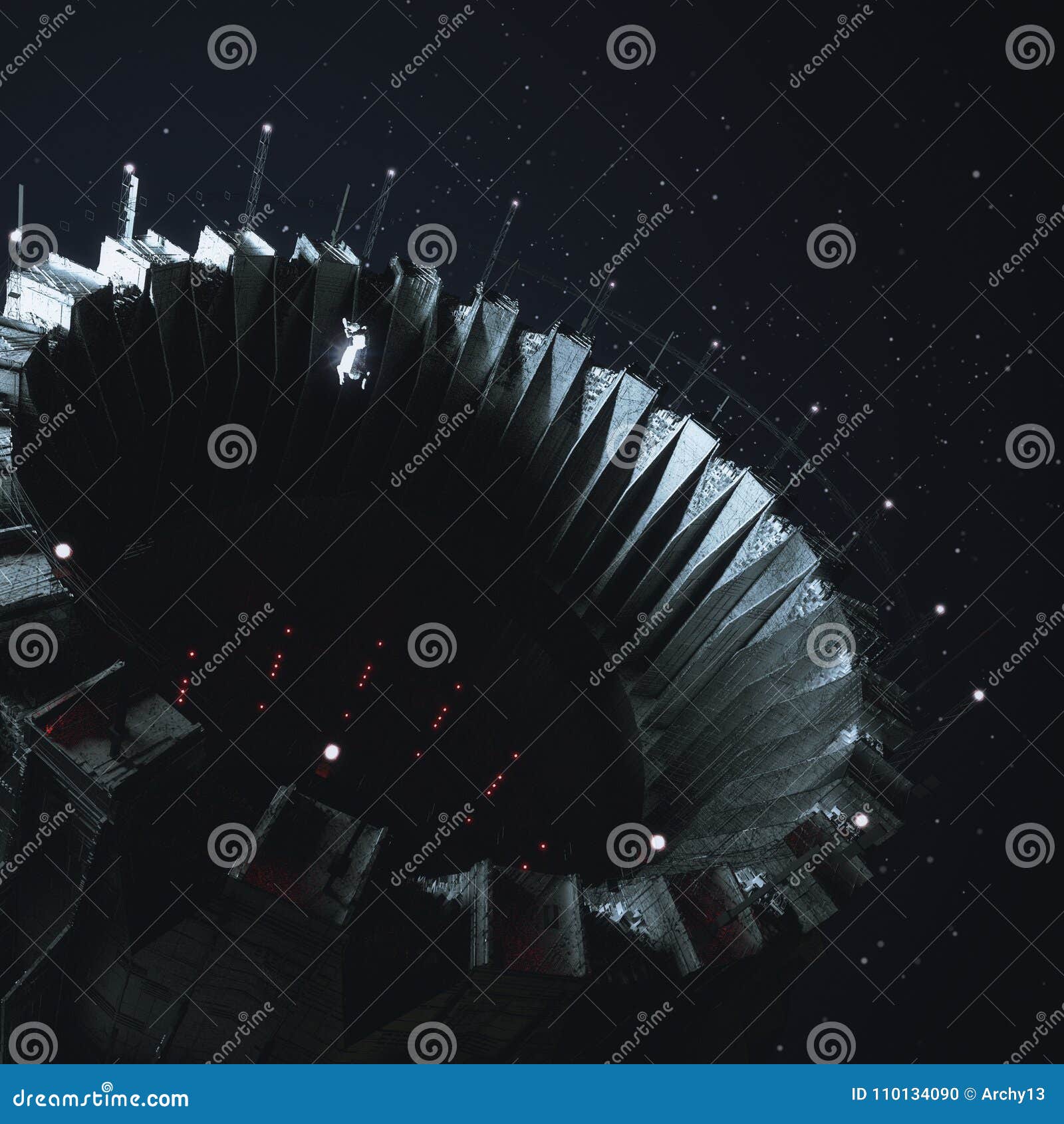 Big Space Station Opening Dock in Dark Outer Space with Small Figure of ...