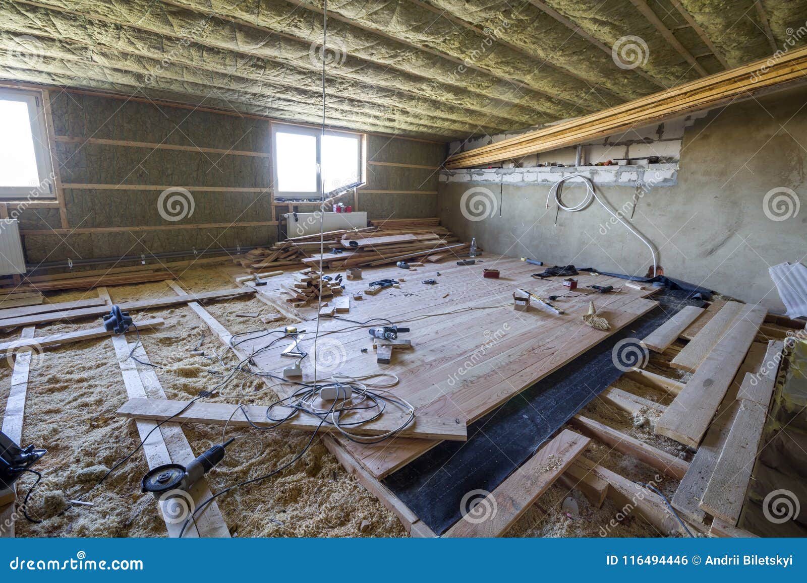 Big Spacious Light Empty Attic Room Under Construction and Renovation ...