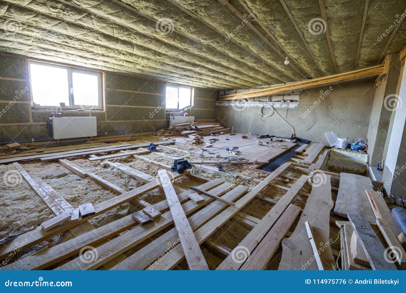 Big Spacious Light Empty Attic Room Under Construction and Renovation ...