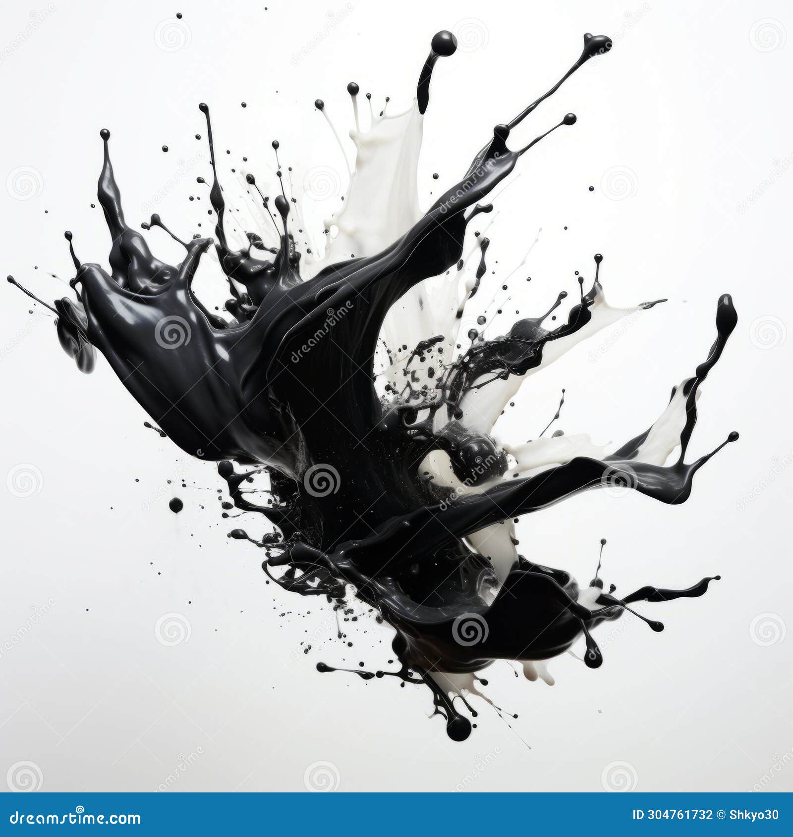 Big Splash of Shiny Black and White Paint with Drops on White Stock ...