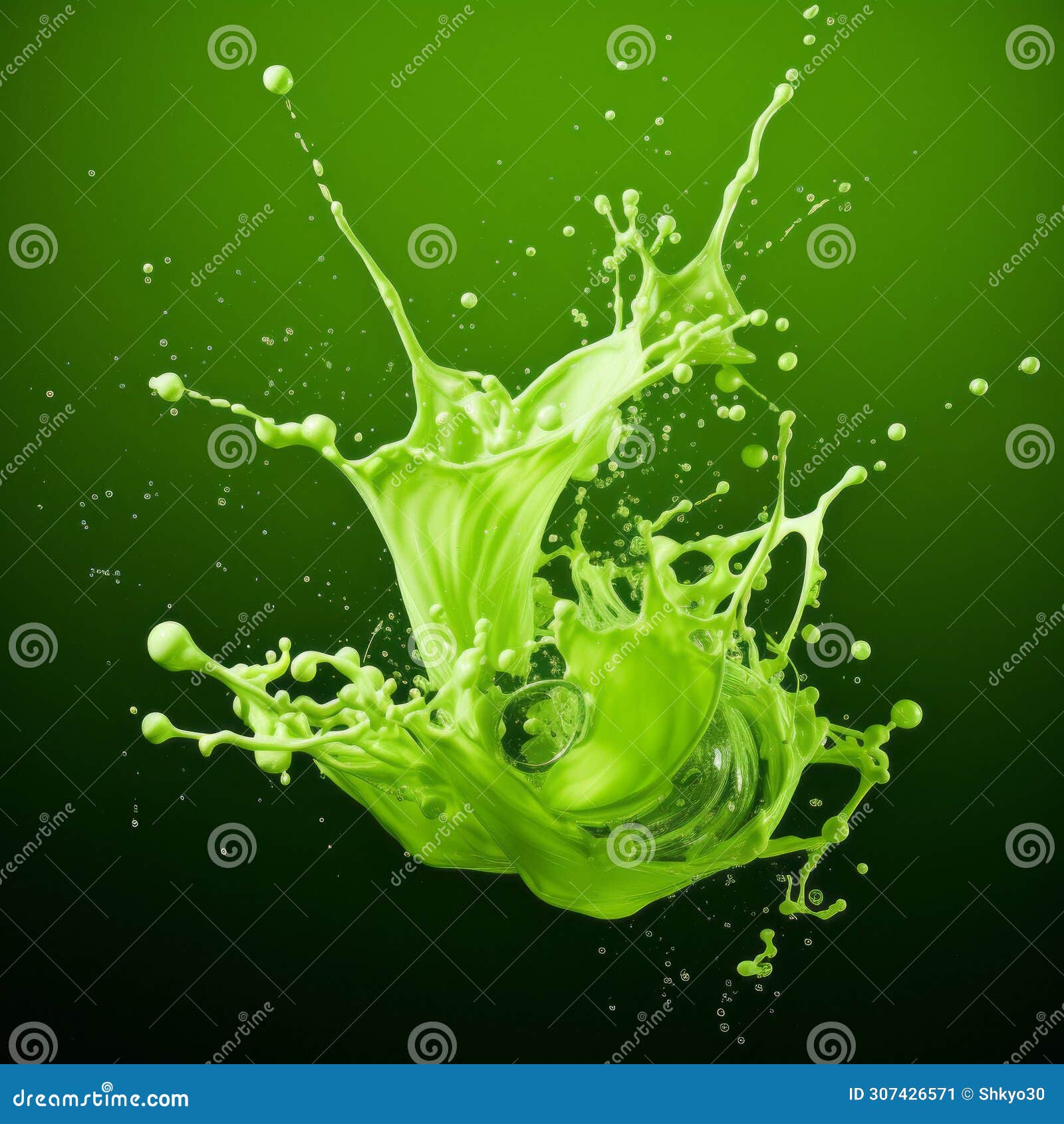 Big Splash of Shiny Light Green Liquid with Many Tiny Drops on a Dark ...