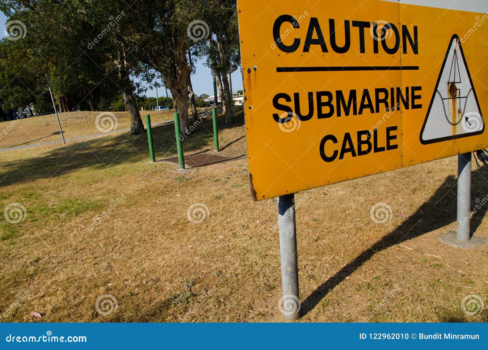 Big Square Yellow Submarine Cable Caution Sign. Stock Photo - Image of ...
