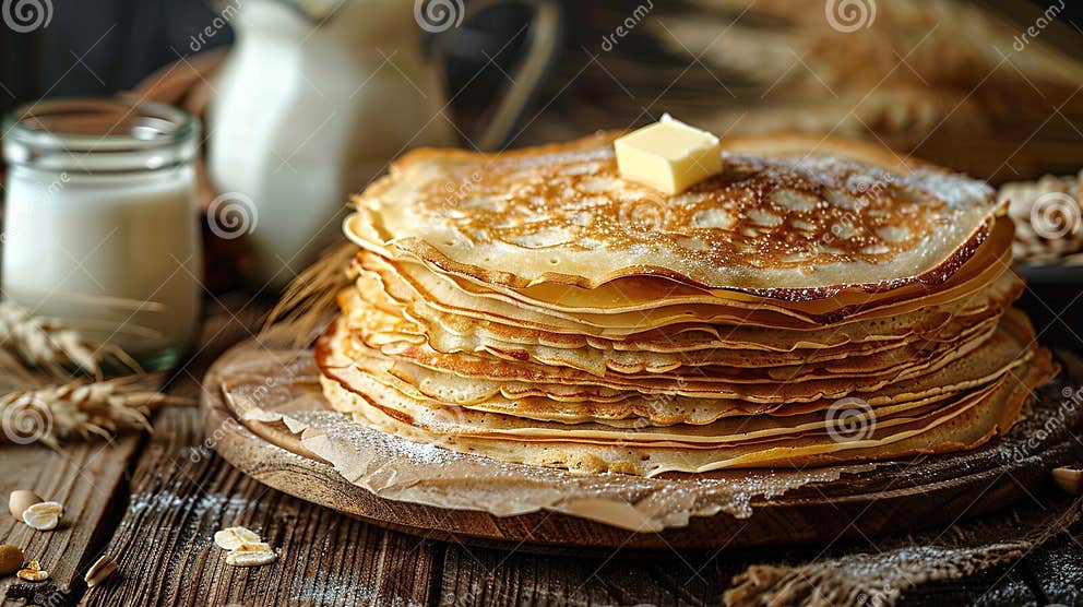Big Stack of Homemade Crepes or Thin Crepes with Butter in Rustic Style ...