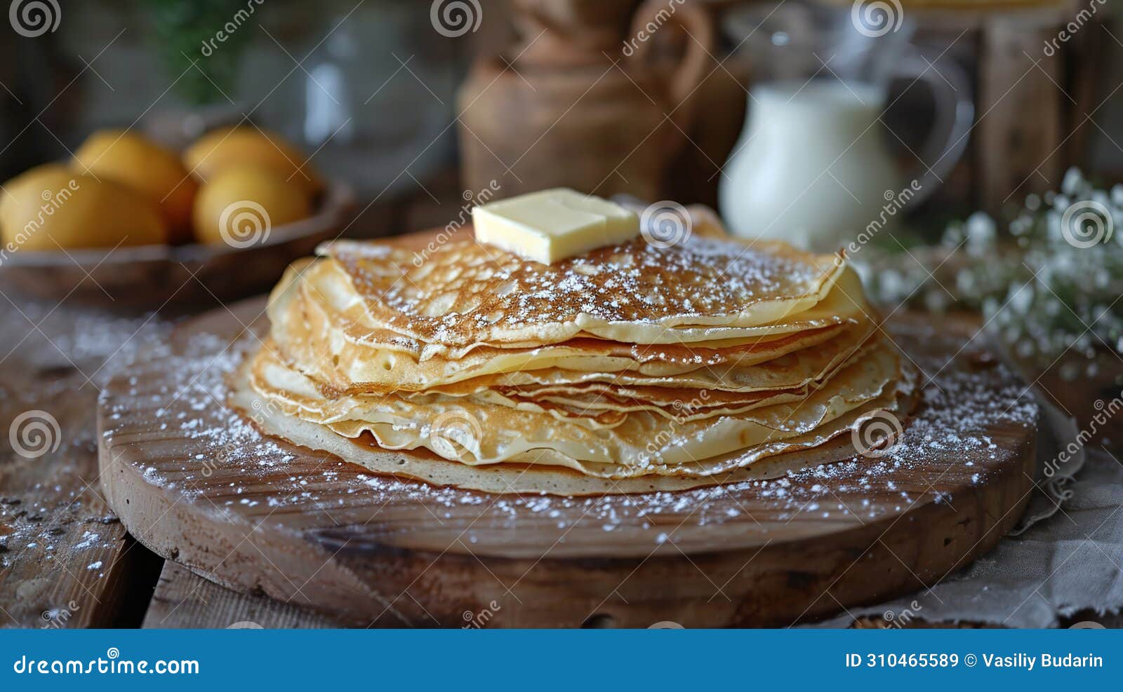 Big Stack of Homemade Crepes or Thin Crepes with Butter in Rustic Style ...