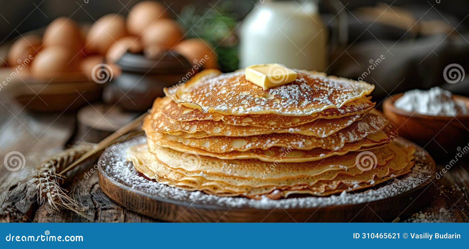 Big Stack of Homemade Crepes or Thin Crepes with Butter in Rustic Style ...
