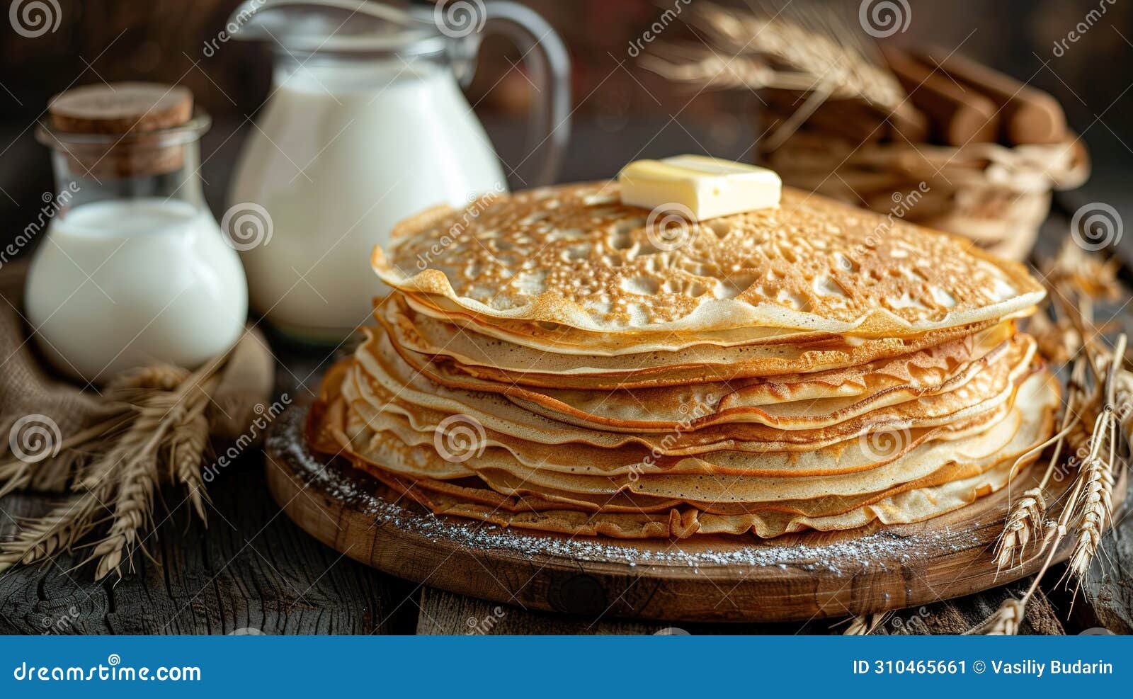 Big Stack of Homemade Crepes or Thin Crepes with Butter in Rustic Style ...