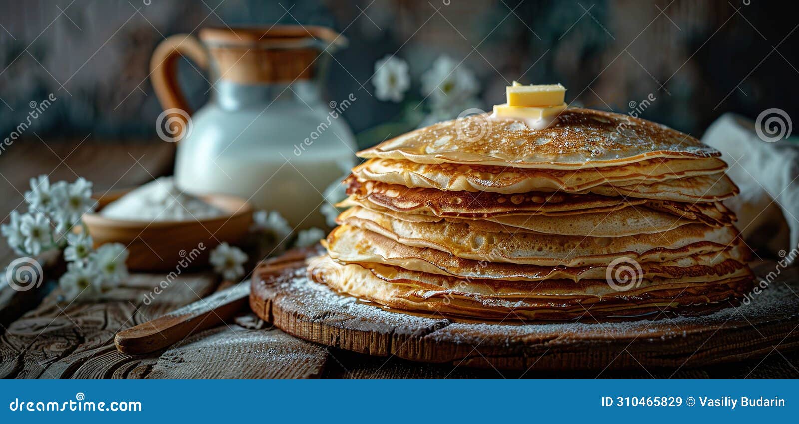 Big Stack of Homemade Crepes or Thin Crepes with Butter in Rustic Style ...